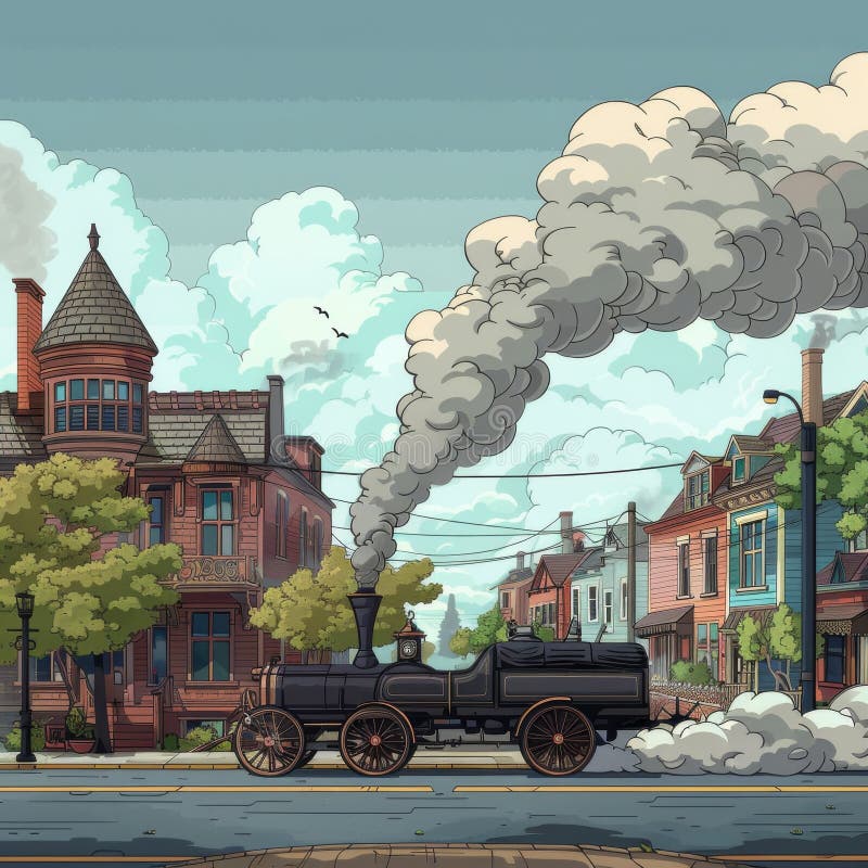 A Cartoon Scene Showing a Steam Engine Evolving into a Sleek Electric ...