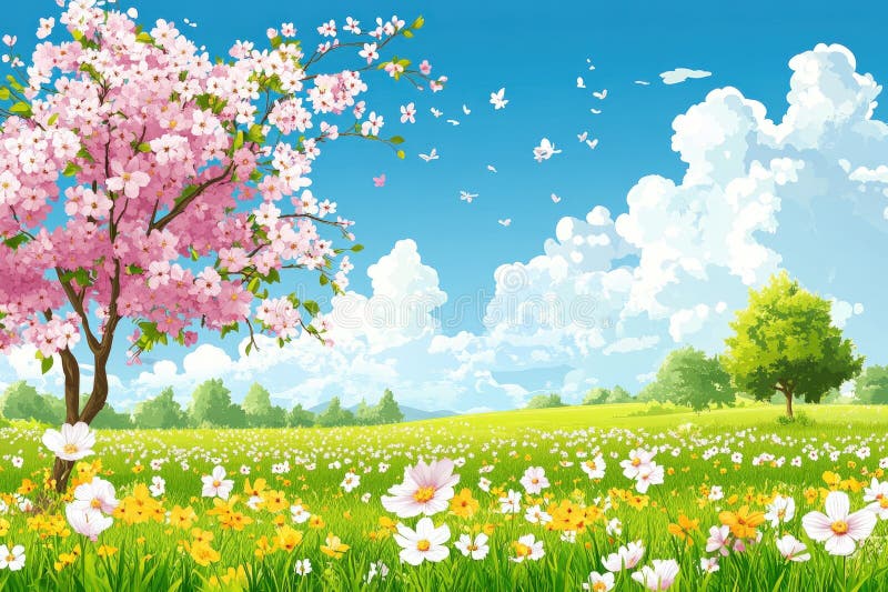 A Cartoon Scene of Spring, Playful and Imaginative, Creative Theme ...