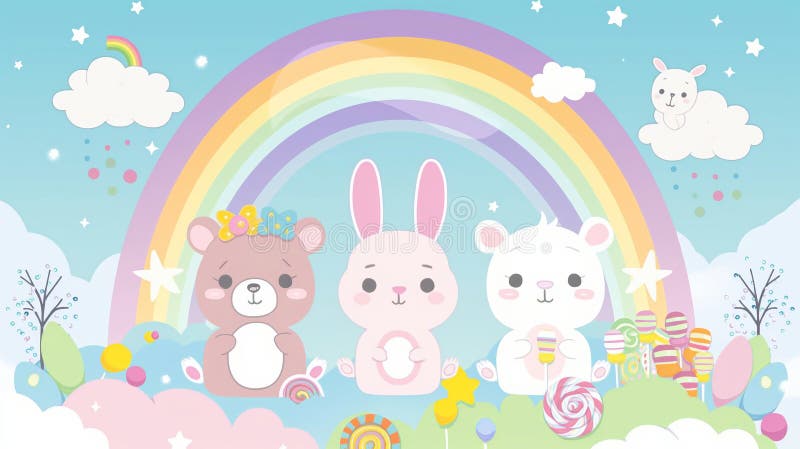 A Cartoon Scene of Three Animals, a Bear, a Rabbit, and a Polar Bear ...