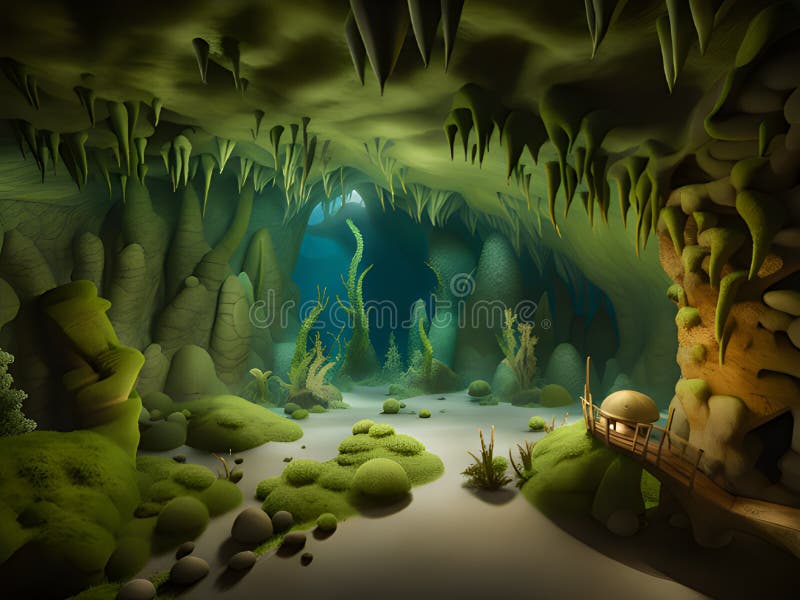 Cartoon Cave with Mountains and Trees Stock Illustration - Illustration ...