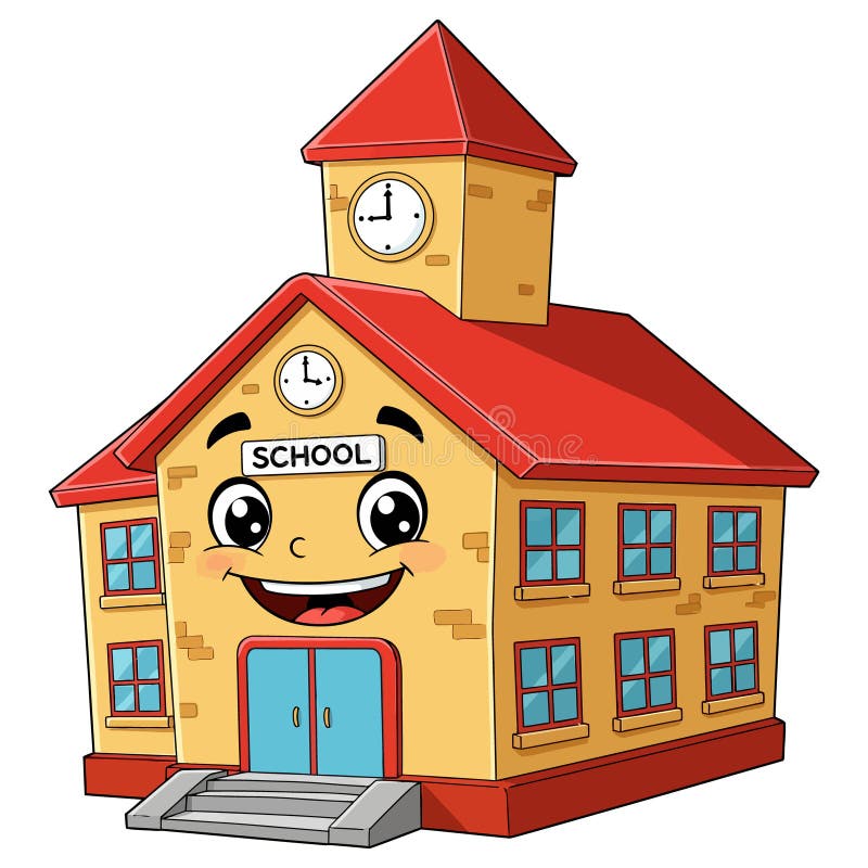 Cartoon School Building with Face, Smiling Schoolhouse Cartoon Stock ...