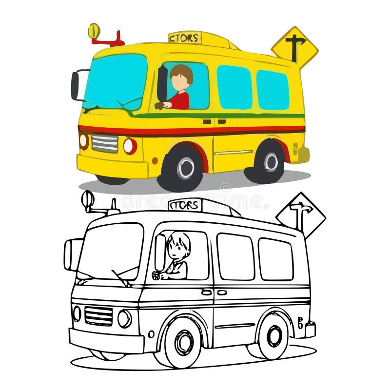 Cartoon School Bus Coloring Page Colored Left and Outline Right Version ...