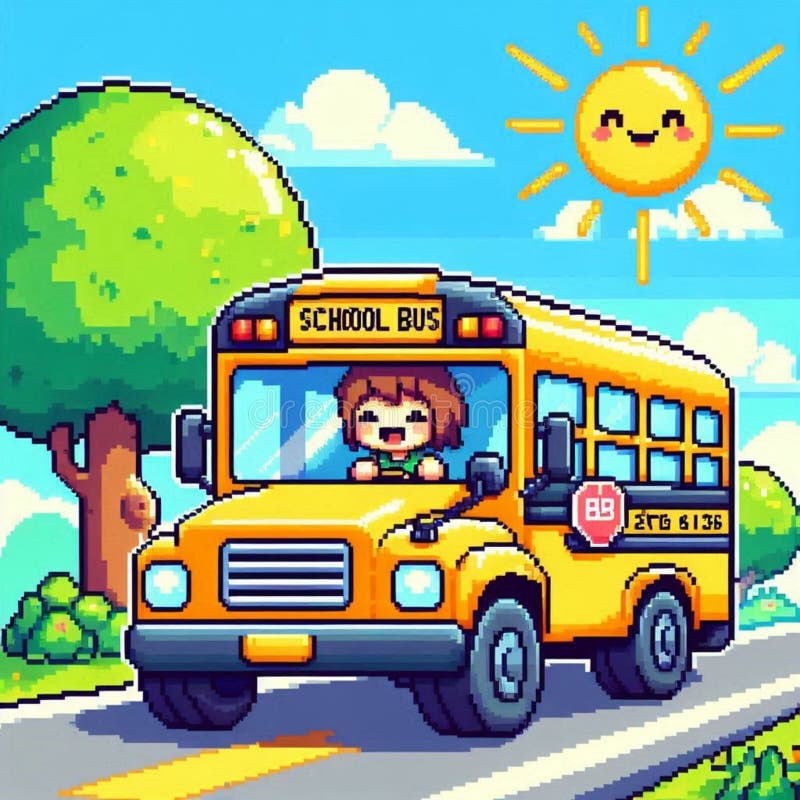 A Cartoon of a School Bus with a Girl on the Front,pixel Art Stock ...