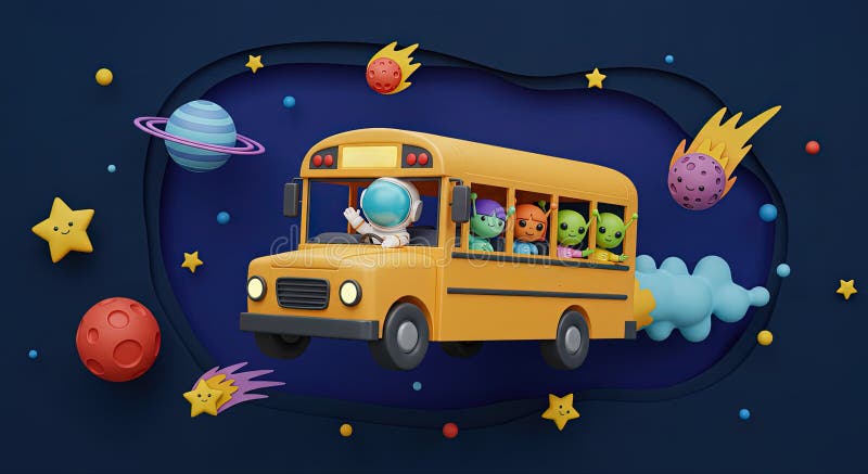 Cartoon School Bus Trip through Outer Space Beneath the Moon Stock ...