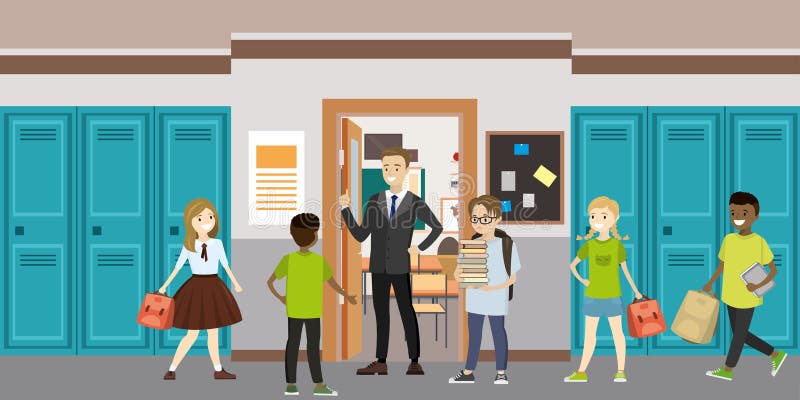 Cartoon School Interior,Male Teacher and Different Students Stock ...