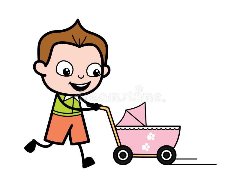 Cartoon Schoolboy with Baby Cart Stock Illustration - Illustration of ...