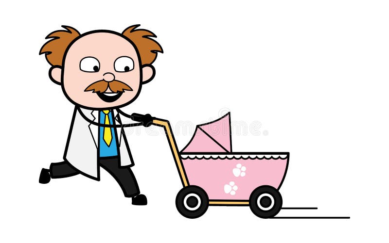 Cartoon Scientist with Baby Cart Stock Illustration - Illustration of ...