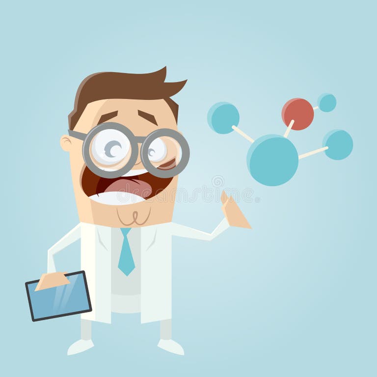 Cartoon Scientist with Big Molecule and Tablet Stock Vector ...