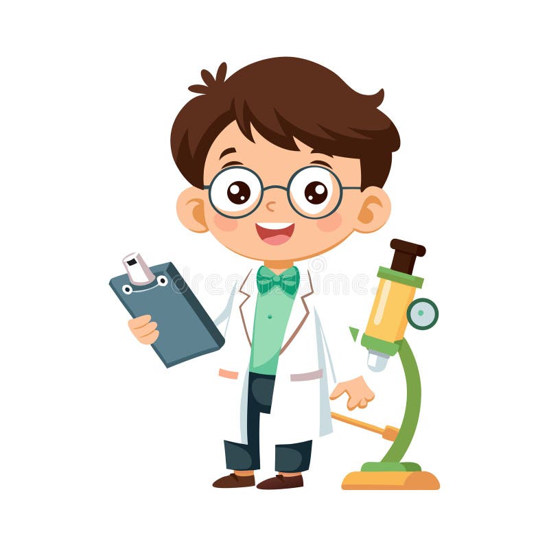 Cartoon Scientist Boy with Microscope and Clipboard, Education and ...