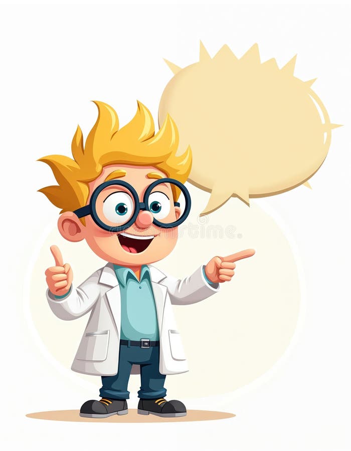 Cartoon Scientist Character with Speech Bubble Points Direction. Boy ...
