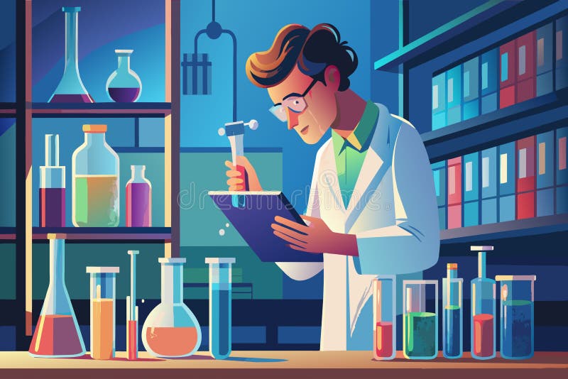 Cartoon Scientist Conducts an Experiment in a Vivid Lab Setting Stock ...
