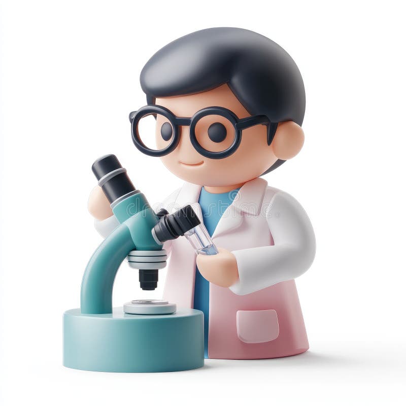 Cute Cartoon Scientist Examining Sample Under Microscope Stock ...