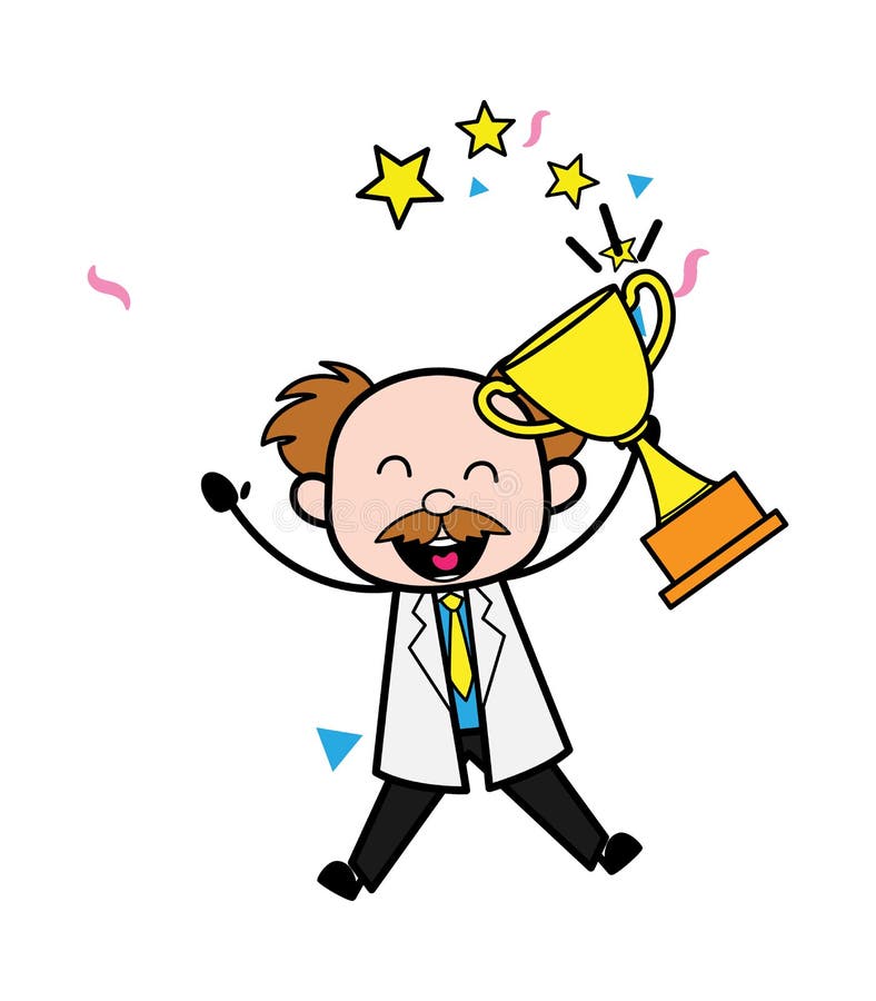 Cartoon Scientist Holding Trophy Stock Illustration - Illustration of ...