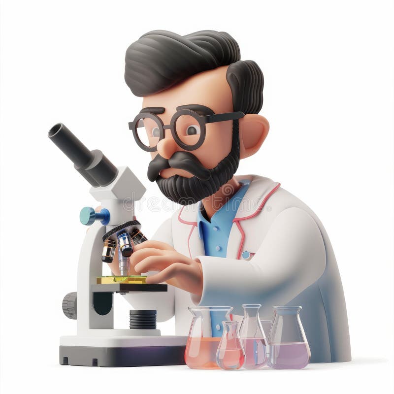 Cartoon Scientist Using a Microscope in a Lab Stock Illustration ...