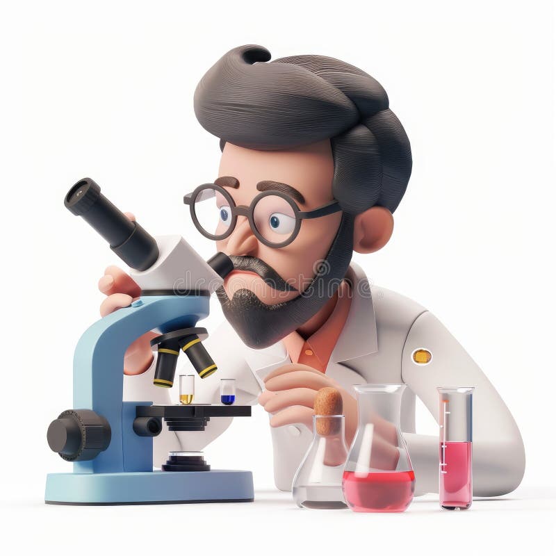 Cartoon Scientist Examining Sample Under Microscope Stock Illustration ...
