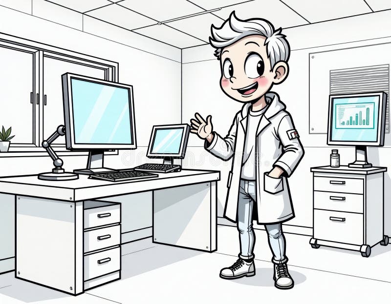 Cartoon Scientist in Modern Lab with Computers and Charts Stock ...