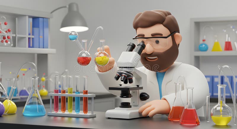Cartoon Scientist Working in a Laboratory with Microscope and Colorful ...