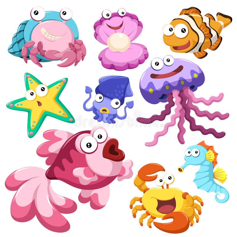 Cartoon Sea Animal Illusration Collection Stock Vector - Illustration ...