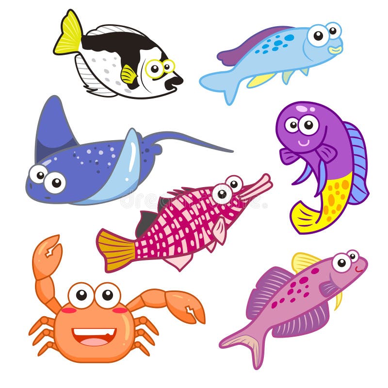 Cartoon Sea Animals Set with White Background Stock Vector ...