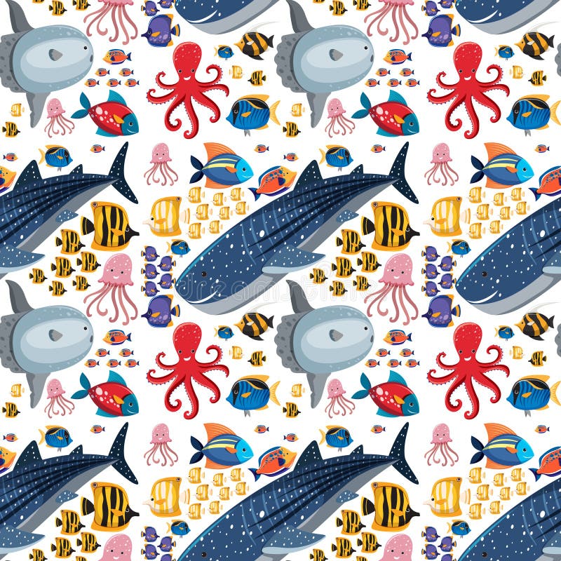 Cartoon Sea Life Seamless Pattern with Sea Animals Stock Vector ...