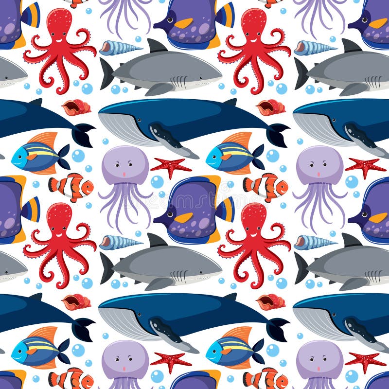Cartoon Sea Life Seamless Pattern with Sea Animals Stock Vector ...