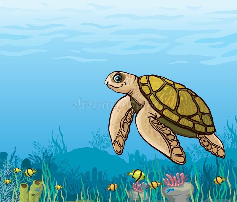 Turtle, Coral Reef, Underwater Cave and Cave. Underwater Sea. Stock ...