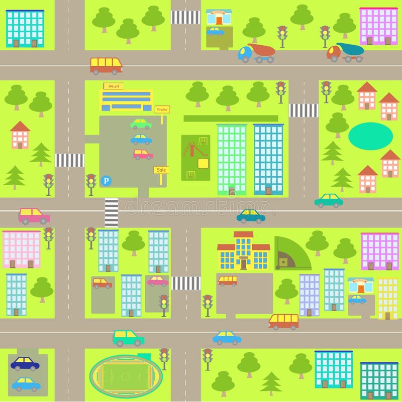 Cartoon seamless city map stock vector. Illustration of bush - 32870253