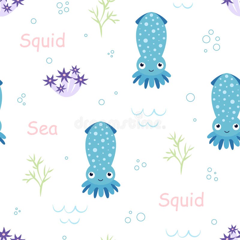 Cartoon Seamless Pattern with Cute Squid, Vector Illustration Stock ...