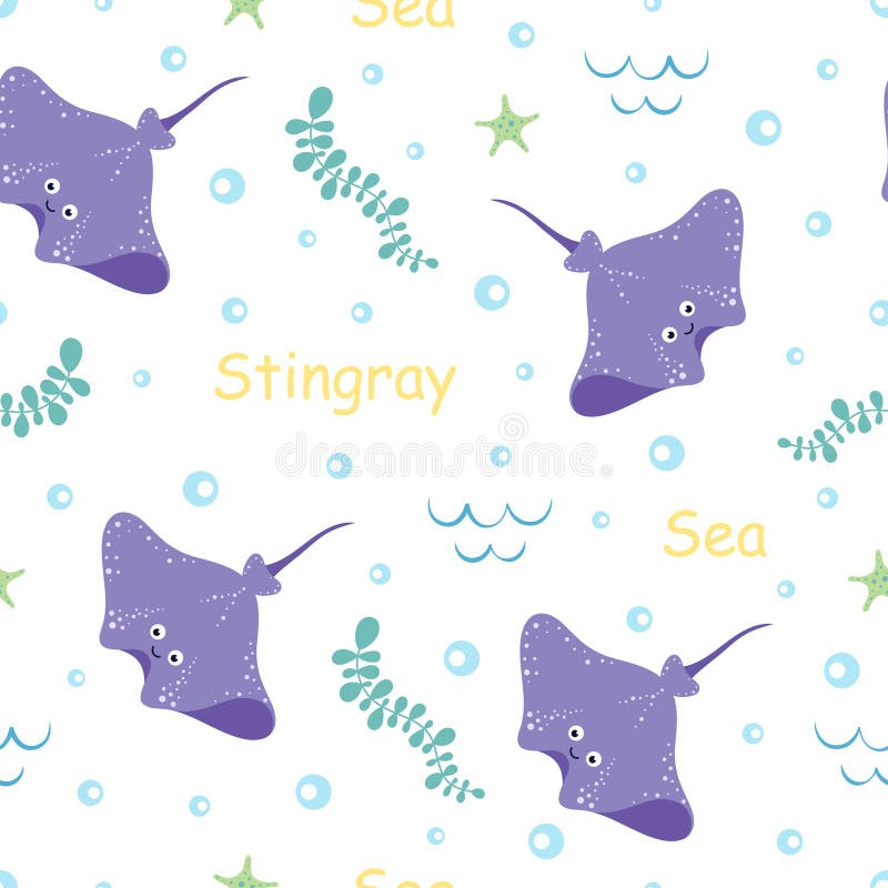 Cartoon Seamless Pattern with Stingray, Vector Illustration Stock ...
