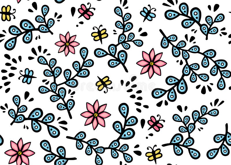 Cartoon Seamless Spring Botanical Floral Pattern Stock Illustration ...