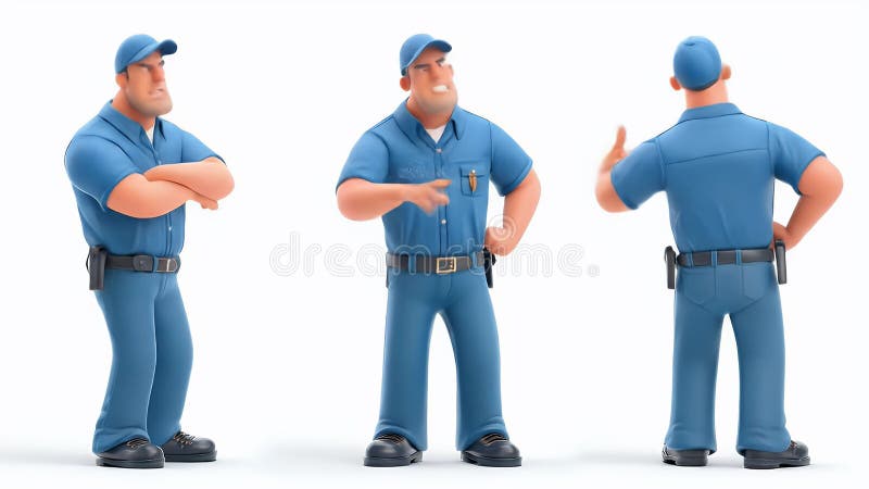 Cartoon Security Guard Character Poses: Front, Side, Back Views on ...