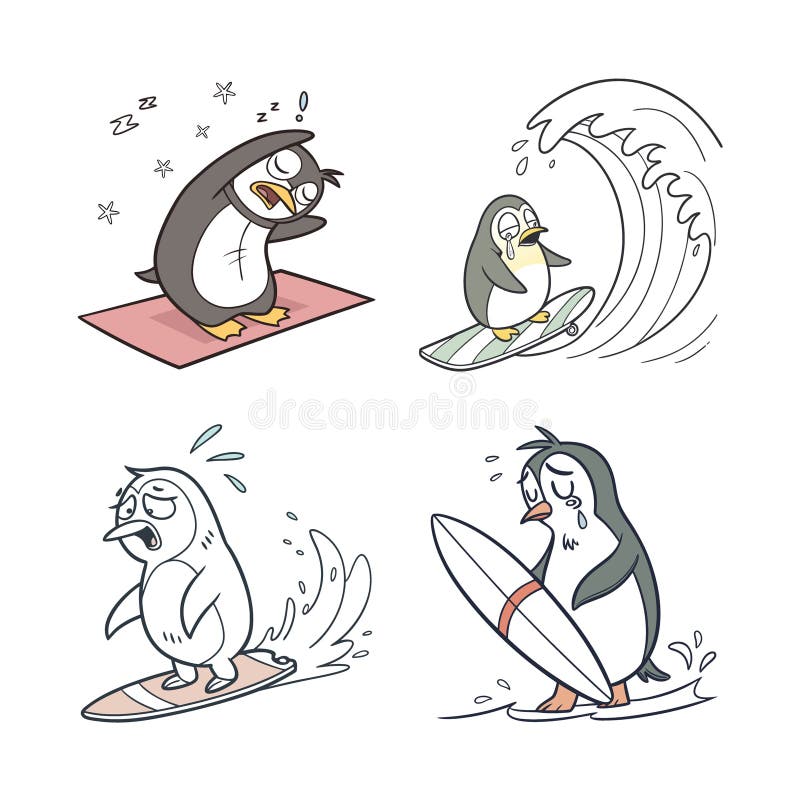 Penguin Surfing Cartoon Sequence Vector Illustration Stock Vector ...