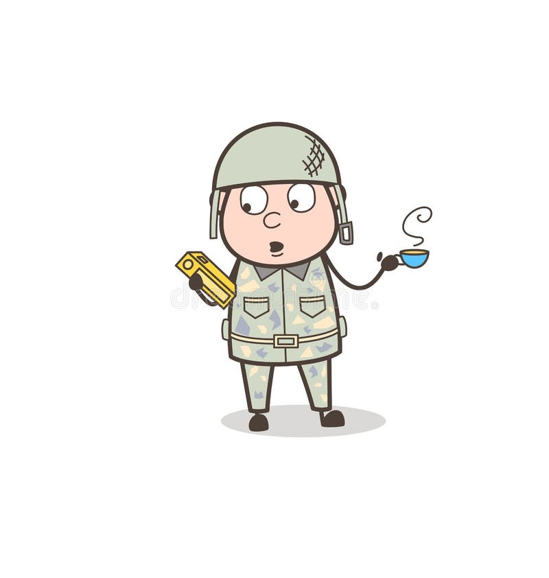Cartoon Sergeant Holding a Book and Drinking a Hot Tea Vector ...