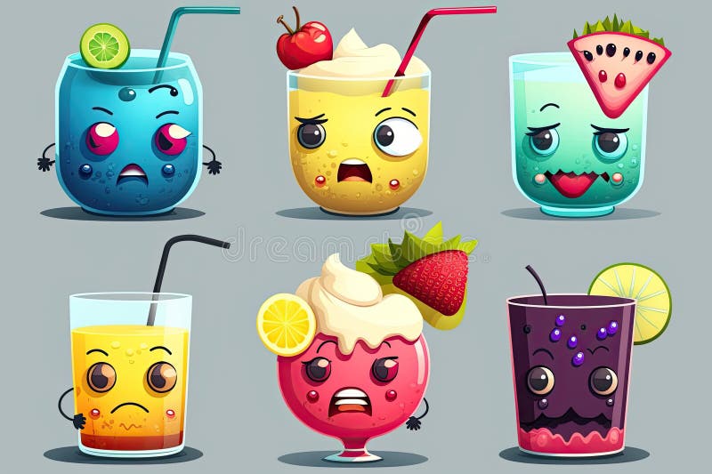 Cartoon Set of Cocktails with Funny Faces. Summer Drinks Stock ...