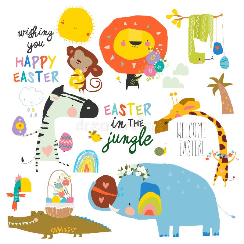 Cartoon Set with Cute Animals Celebrating Easter in the Jungle Stock ...
