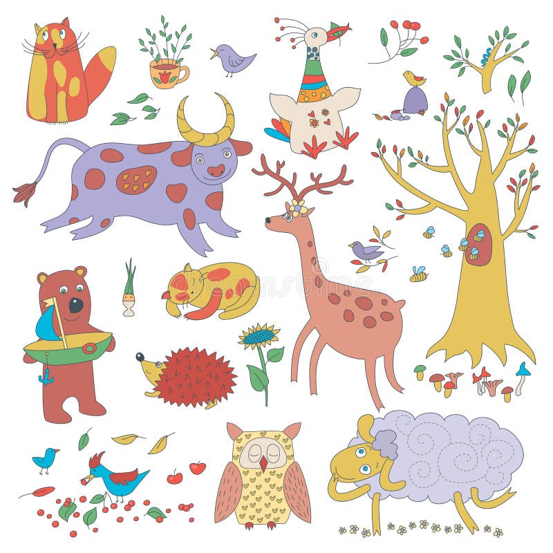 Cartoon Set of Cute Animals and Plants Stock Vector - Illustration of ...