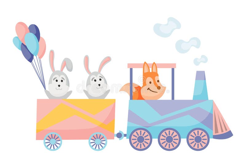 Cartoon Set with Different Animals on Trains. Fox and Bunnies Stock ...