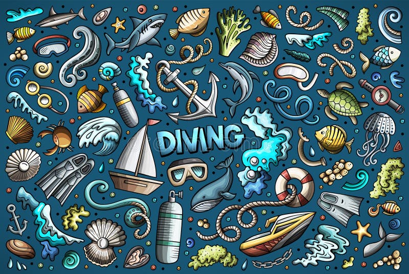 Cartoon Set of Diving Theme Items, Objects and Symbols Stock Vector ...