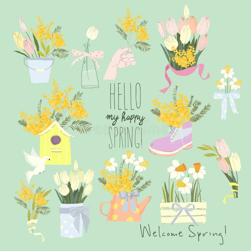 Cartoon Set with Fresh Spring Flowers Bouquets Stock Vector ...