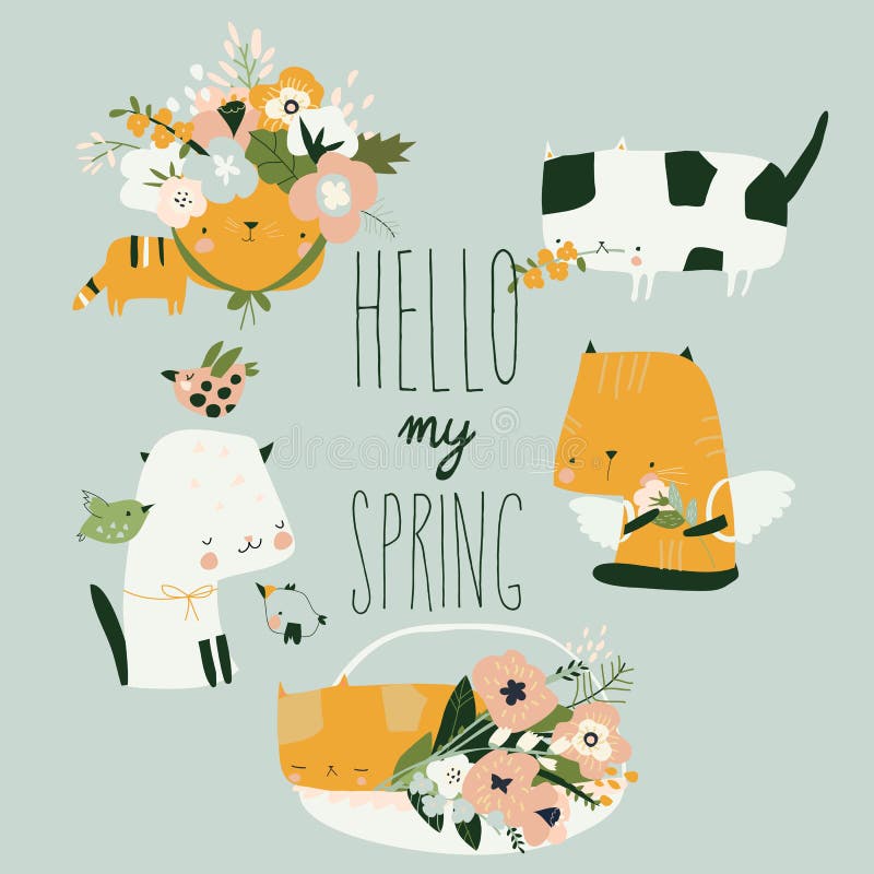Cartoon Set of Funny Cats with Spring Flowers Stock Illustration ...