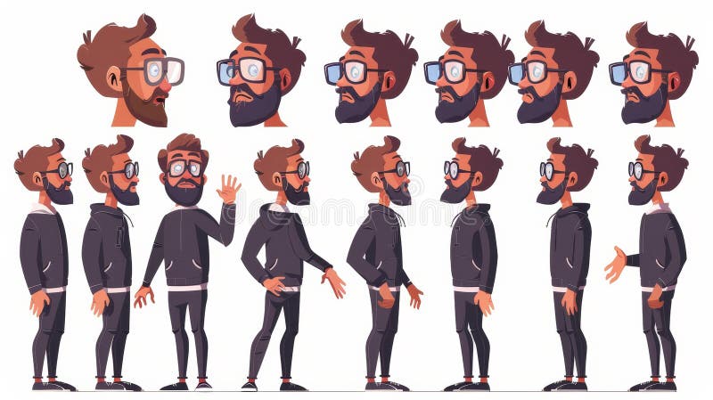 The Cartoon Set Includes Front, Back, Side Views of a Bearded Man in ...