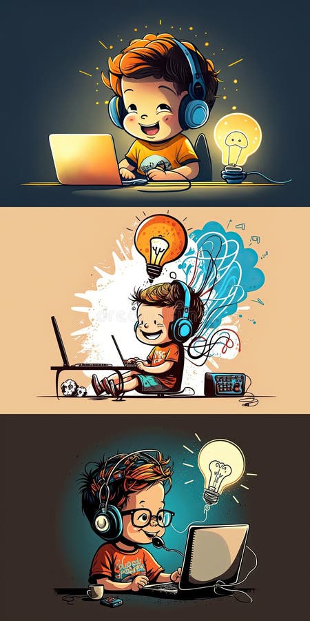 Cartoon Set of Kid Getting Idea from Using Computer and Internet for ...