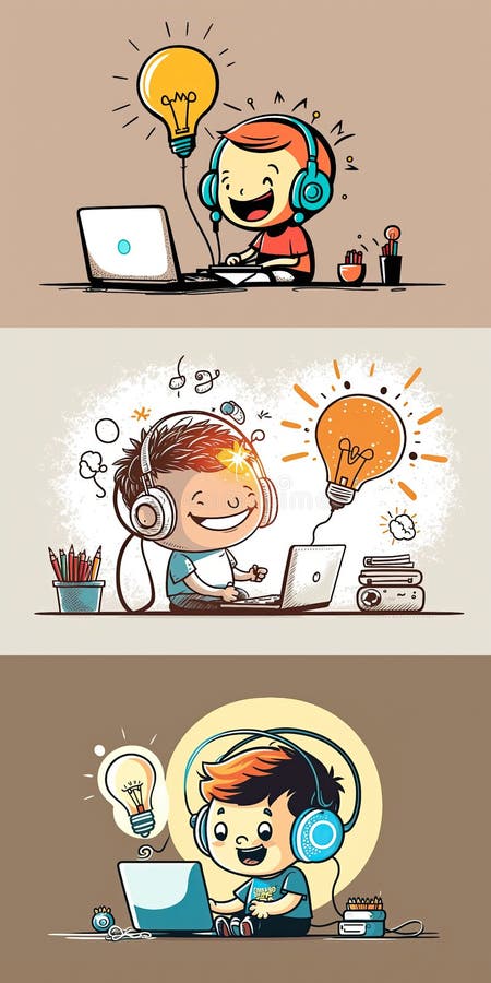 Cartoon Set of Kid Getting Idea from Using Computer and Internet for ...