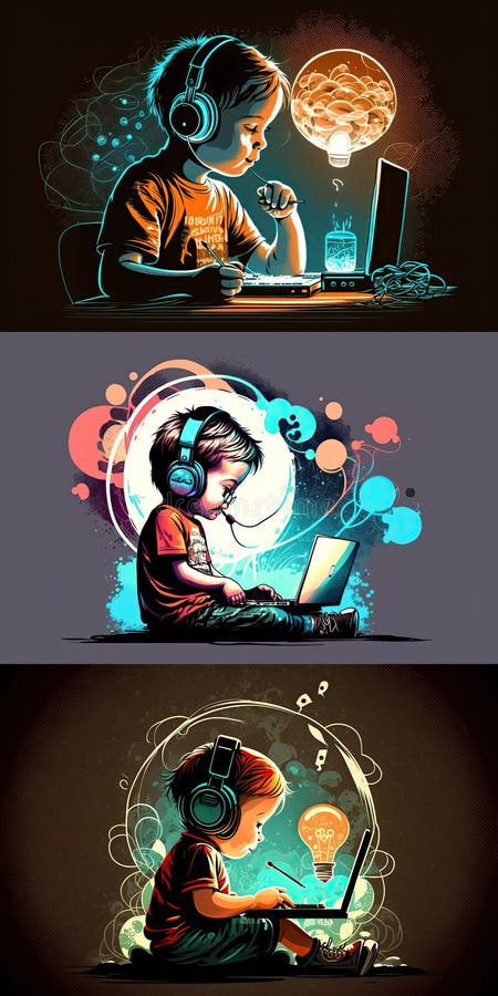 Cartoon Set of Kid Getting Idea from Using Computer and Internet for ...