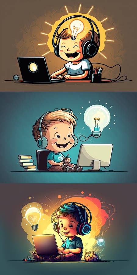 Cartoon Set of Kid Getting Idea from Using Computer and Internet for ...