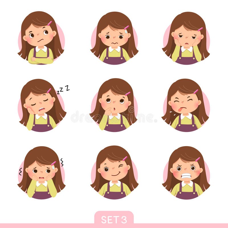 Cartoon Set of a Little Girl in Different Postures with Various ...