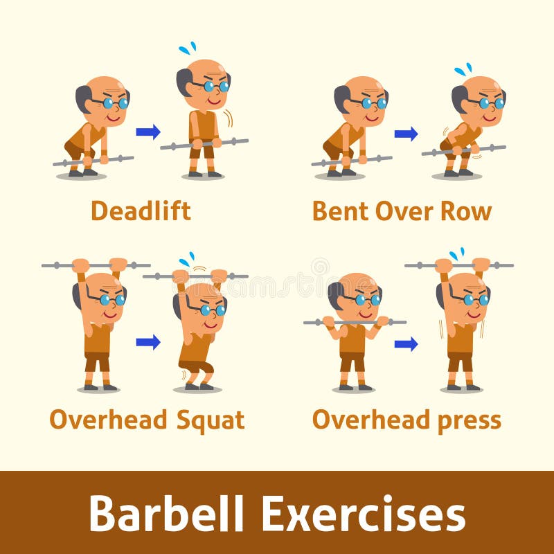 Cartoon Set of Old Man Doing Barbell Exercise Step for Health Stock ...