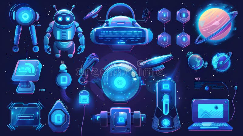 A Cartoon Set of Smart Gadgets and Communication Technology on a Blue ...