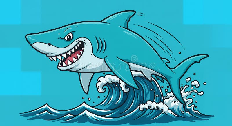 Cartoon Shark Clipart Leaping from Stylized Ocean Waves Stock ...