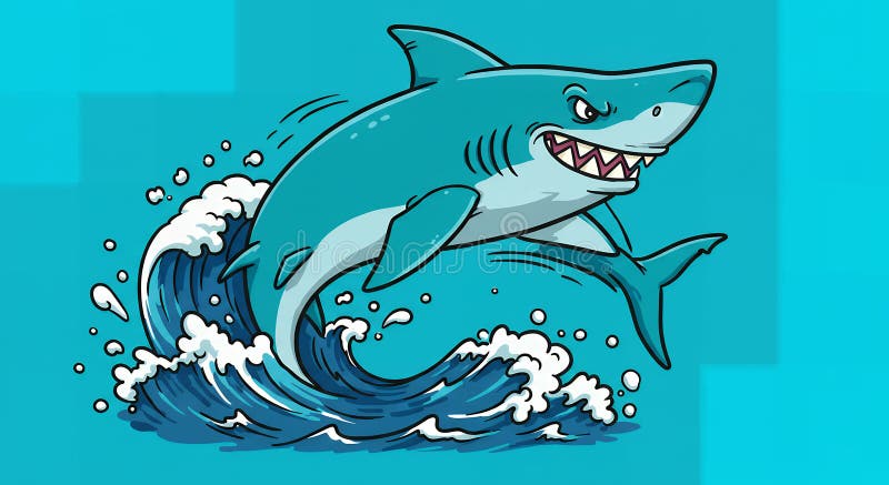 Cartoon Shark Clipart Leaping from Stylized Ocean Waves Stock ...